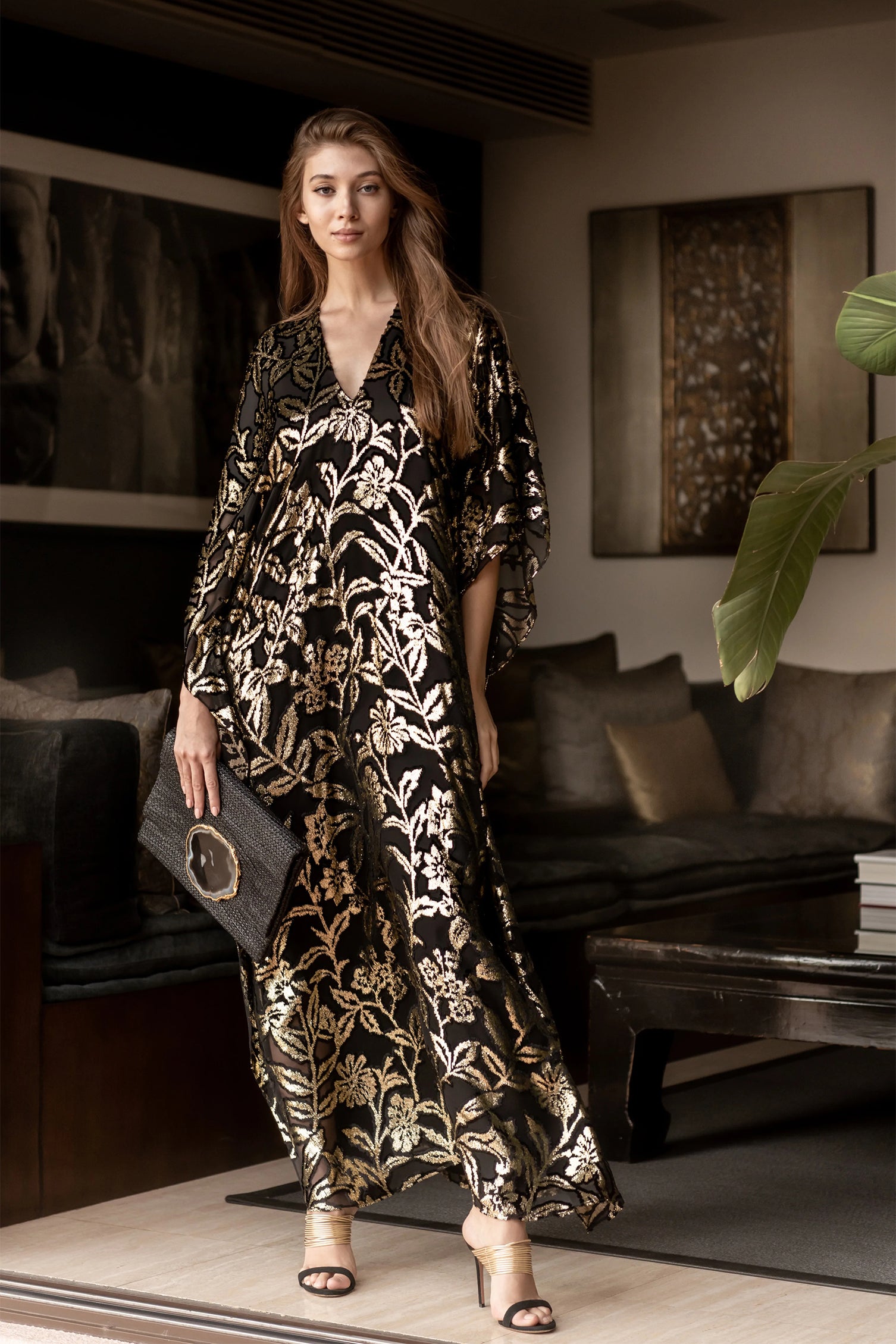 Metallic Long Flower Devore Boubou Caftan – Marie France Van Damme